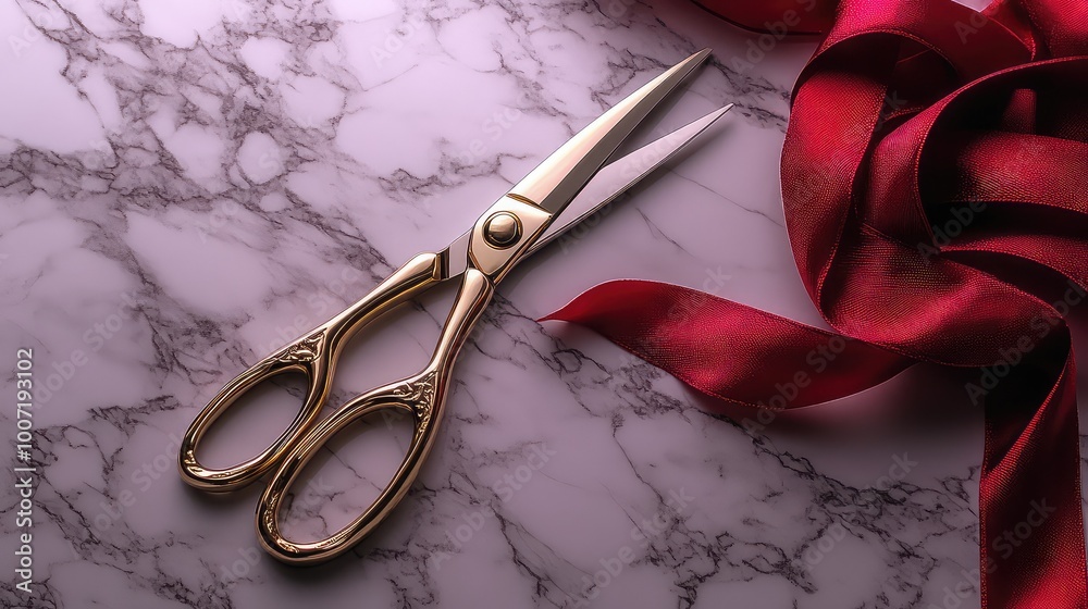 Elegant Gold Scissors Cutting Red Ribbon on Marble Background ...