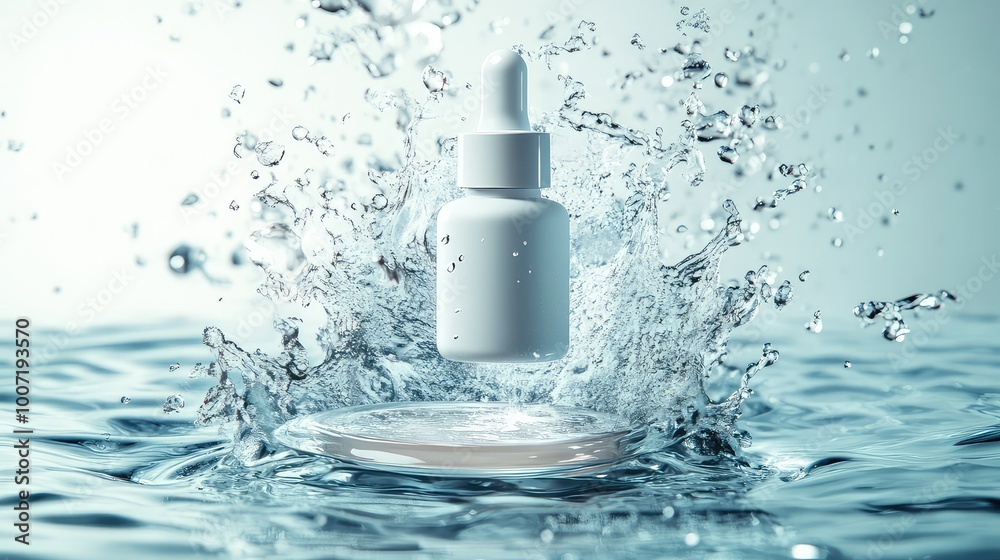 3D Illustration of Eye Drop Bottle Falling from Round Glass Disc in ...
