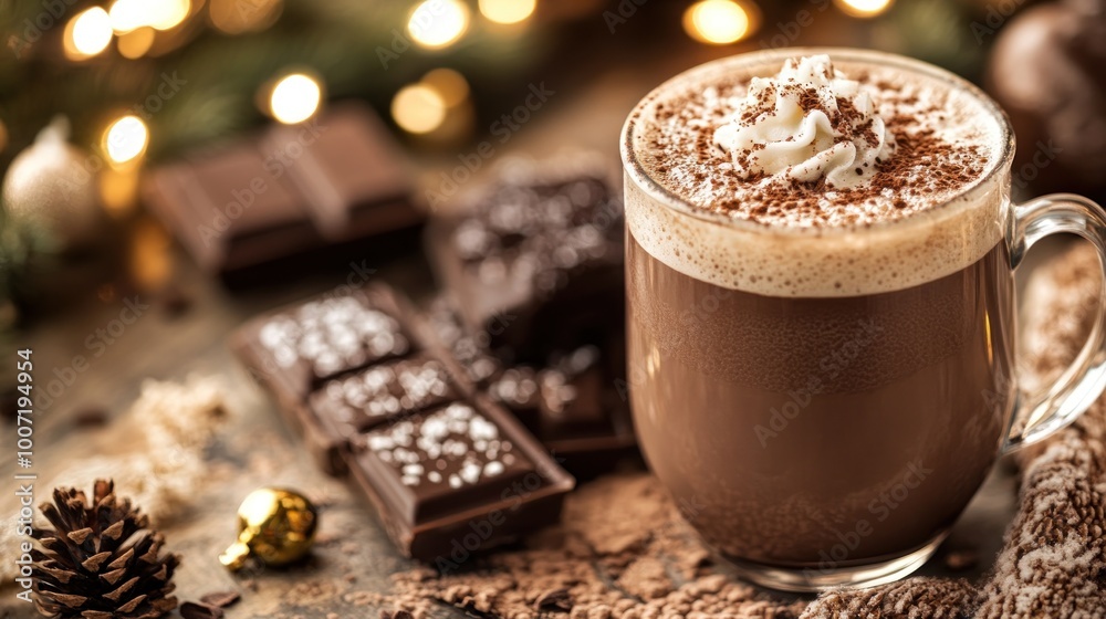 a hot chocolate drink with low-calorie sweeteners on a table, winter ...