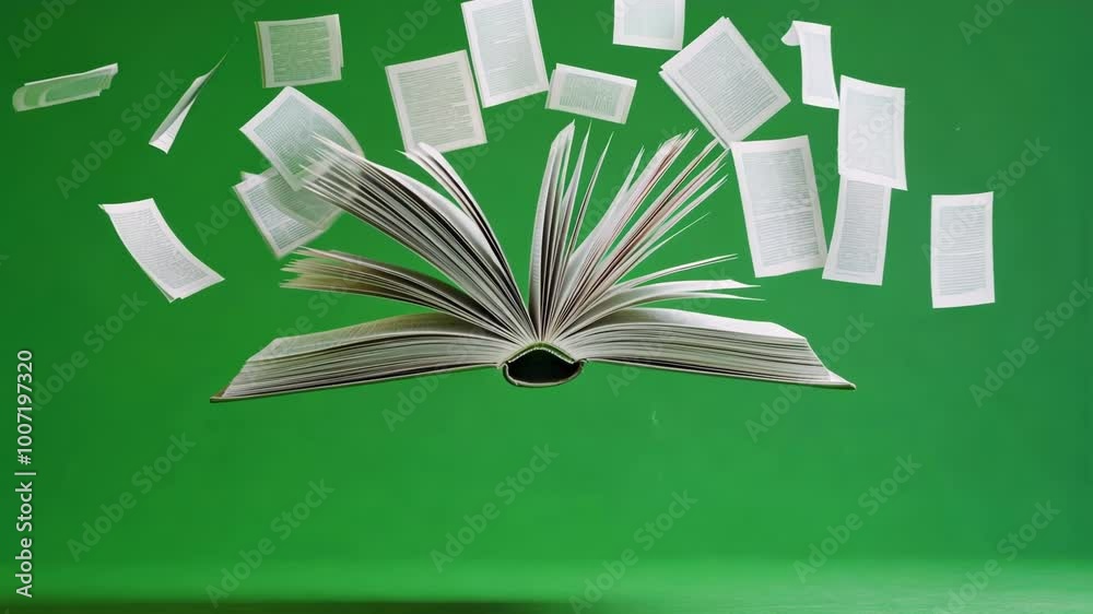 Open book floating in the air with turning pages on a green screen ...