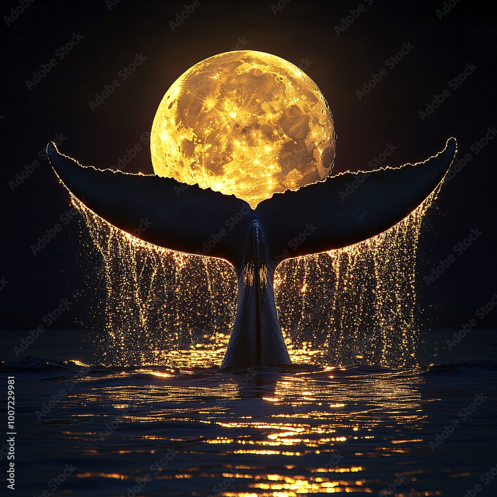 Whale's tail rising from the ocean in moonlight with full yellow moon ...