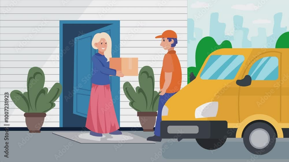 Animated 2D cartoon scene of a delivery man arriving with a package and ...