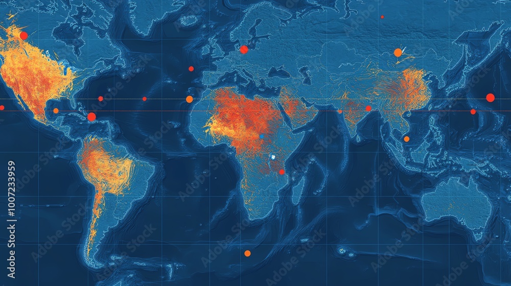 Global heat map displaying data points with intensity in various ...