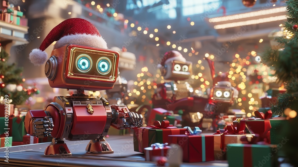 Robots in santa hats automating gift wrapping at the north pole ...