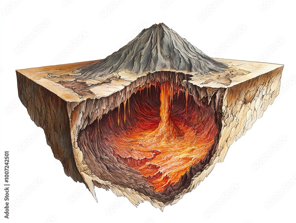 Cross-section of a volcano showing magma chamber, lava flow, and geological layers, illustrating ...