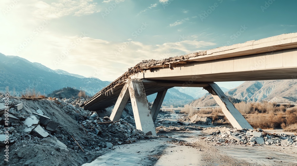 Collapsed bridge in desolate mountainous landscape, showcasing ...