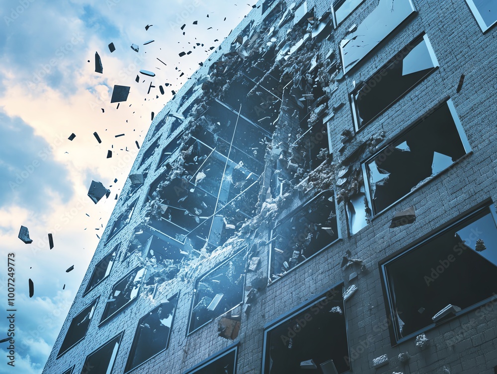 Dramatic destruction of a building's facade, with debris and shattered ...