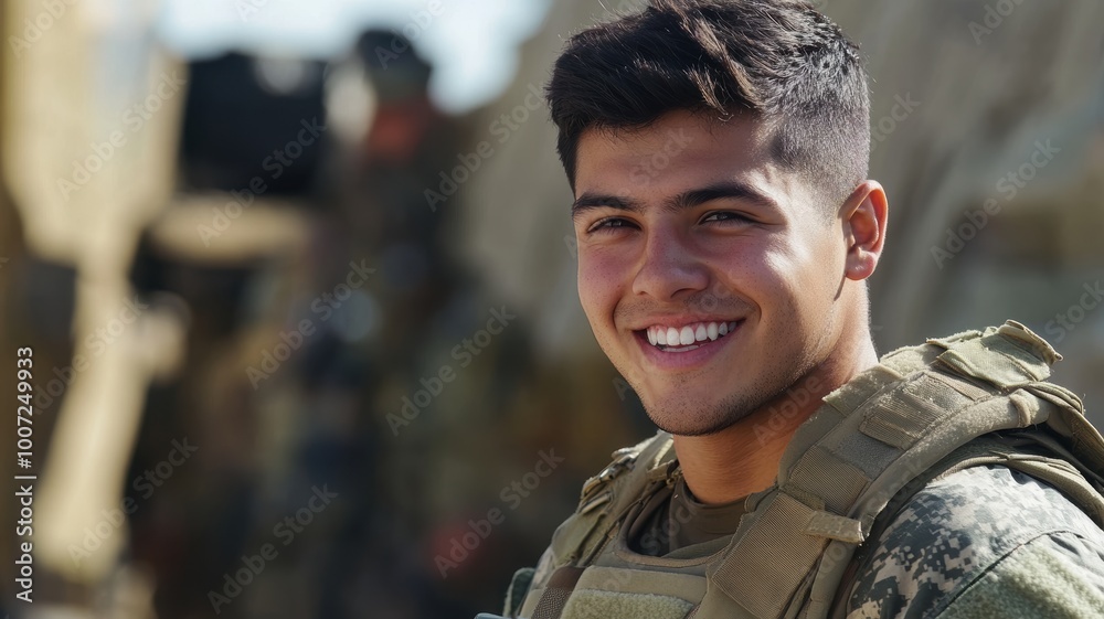 A young soldier smiles confidently while wearing full combat gear in an ...