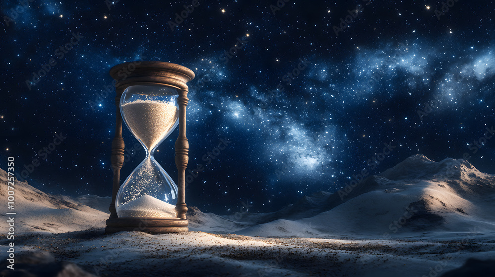 Surrealistic Hourglass Shattering in a Starry Night Sky Representing ...