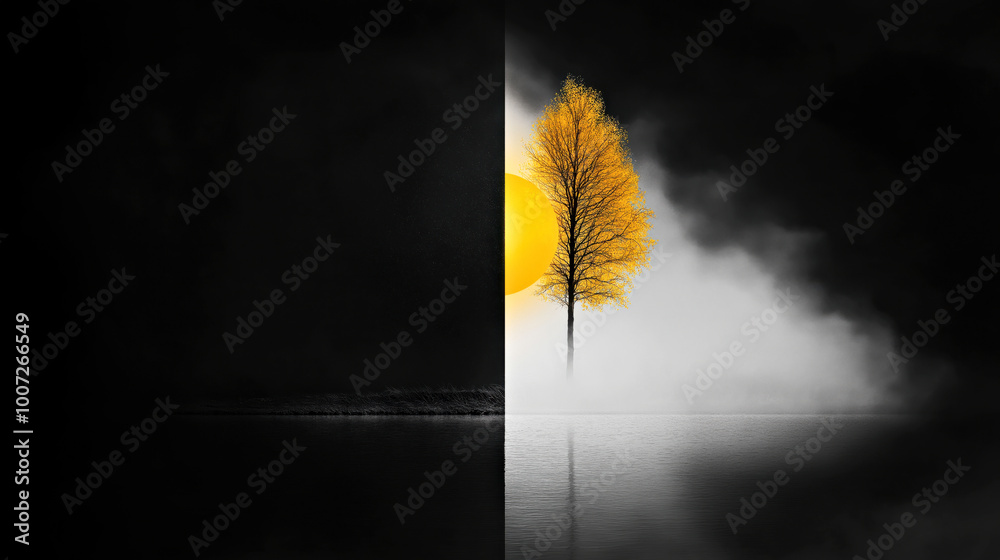 Contrasting Black and White Landscape with Golden Tree and Reflection ...