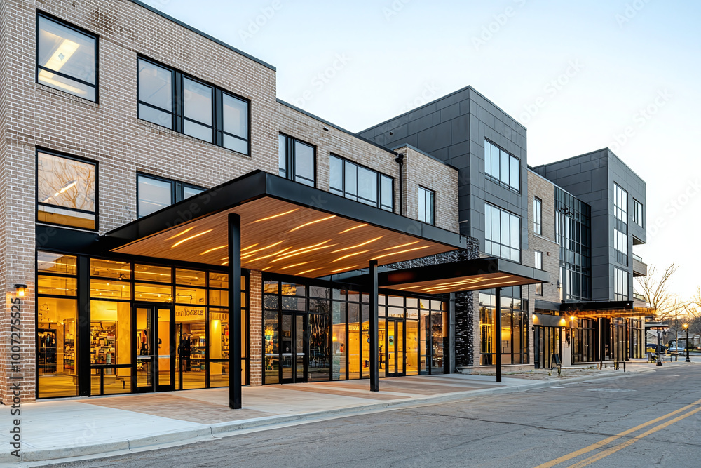 a modern mixed-use building exterior with retail spaces on the ground ...