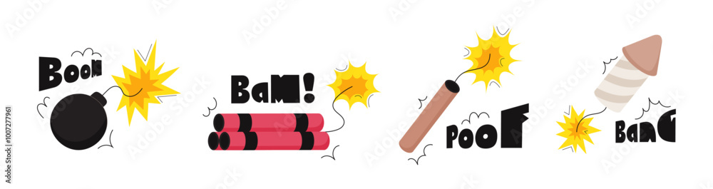 Collection of playful explosive items, including a bomb, dynamite ...