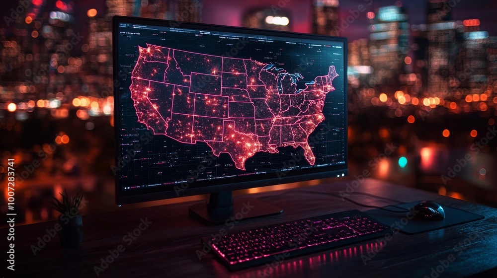 Evening live news feed shows a digital map of the United States on a ...