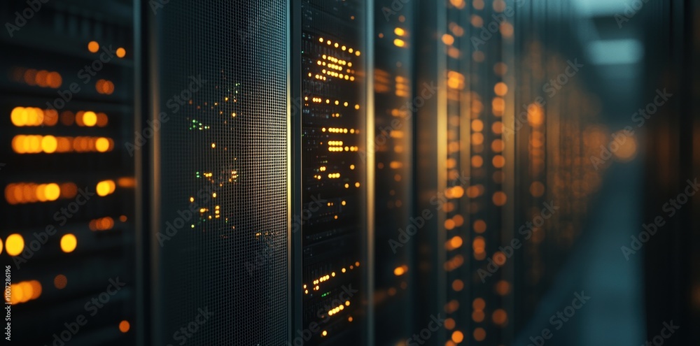 close-up view on server rack with data and connection lights in dark ...