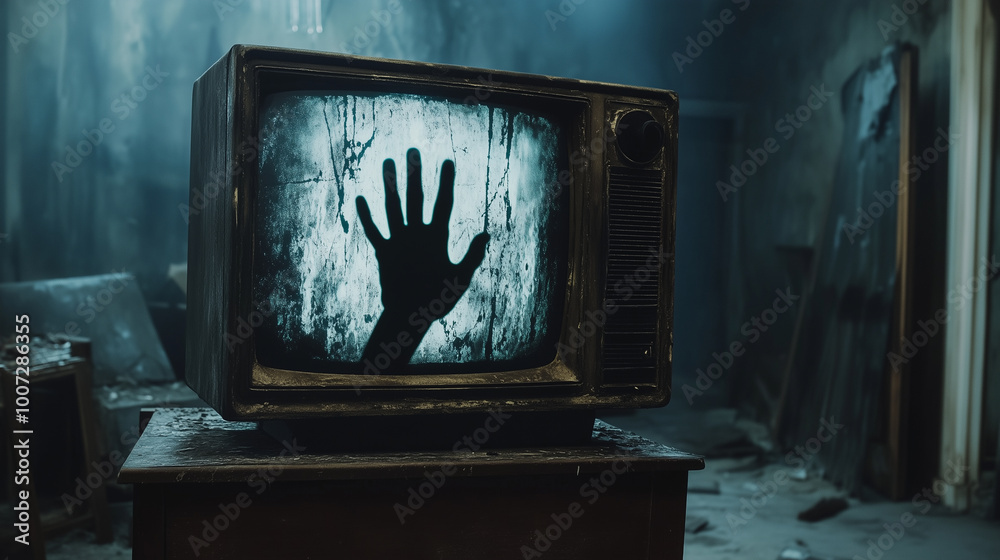 Horror scary movie concept. Hand of ghost on screen of vintage tv in ...