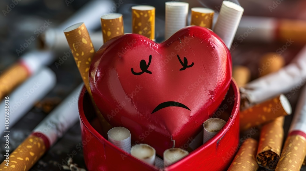 Heart with sad face. Unhealthy habit of cigarette smoking, nicotine ...