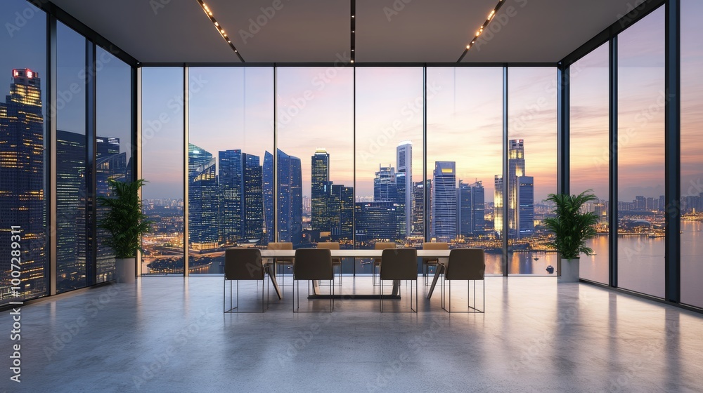 Corner view of glass meeting room interior with board and chairs ...
