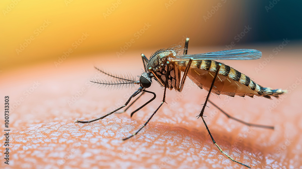 Macro shot of mosquito biting human skin highlighting insect body and ...