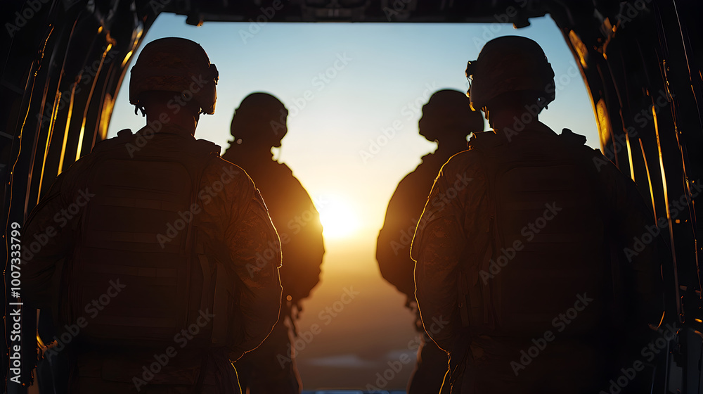A group of elite paratroopers, fully equipped with tactical gear ...