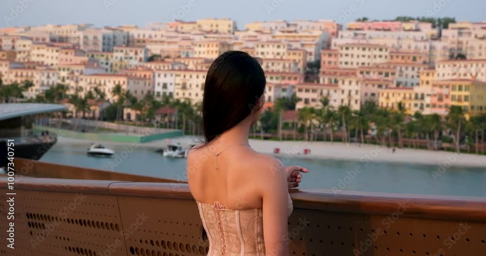 young asian woman girl walking hair blowing wind beautiful beige dress ...