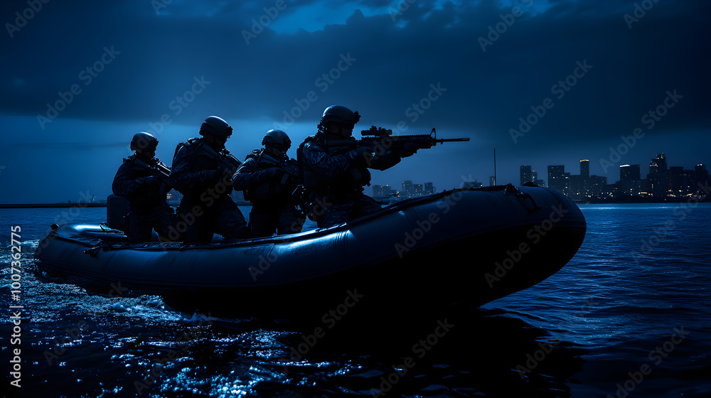 A modern U.S. Navy SEAL team, fully geared in tactical combat suits ...