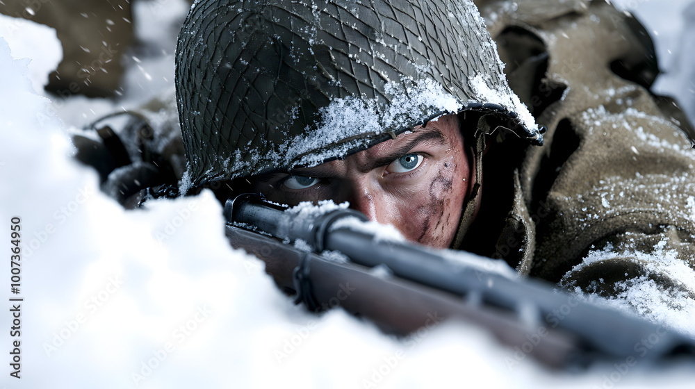 A U.S. Army infantryman from the Korean War, crouching behind a wall of ...