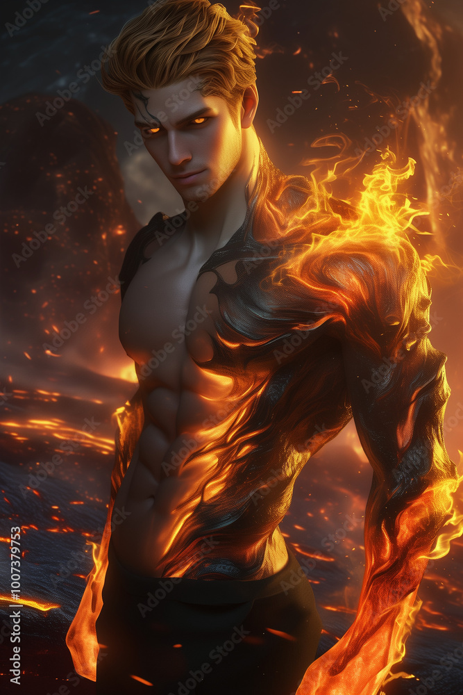 charismatic male fire genasi with flaming arm poses by lava sea Stock ...