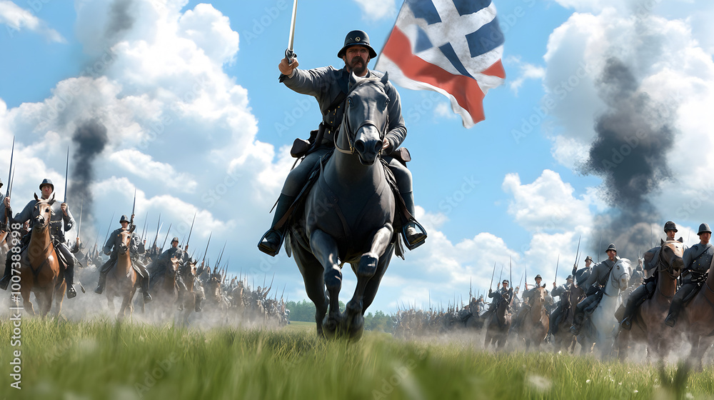 A Confederate cavalryman, dressed in gray uniform and riding a powerful ...