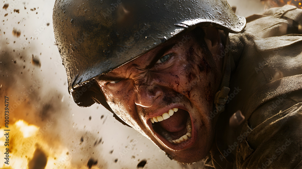 A U.S. Marine from World War II, wearing a helmet and combat fatigues ...