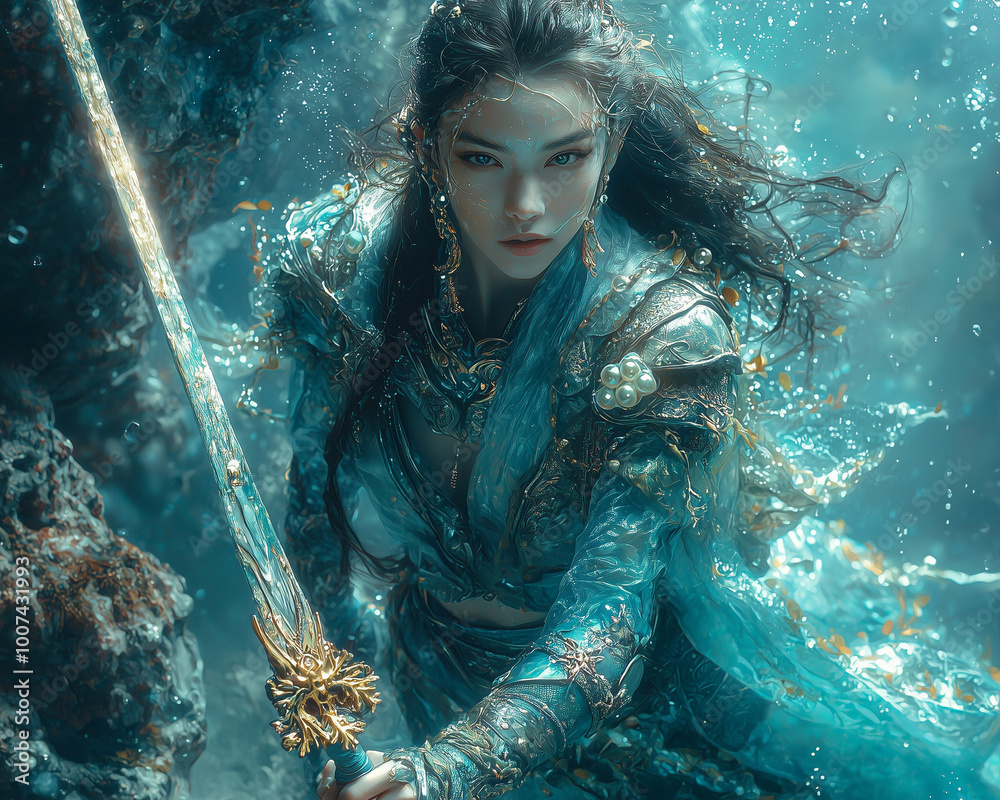 female water genasi warrior brandishing a sword in a turbulent oceanic ...