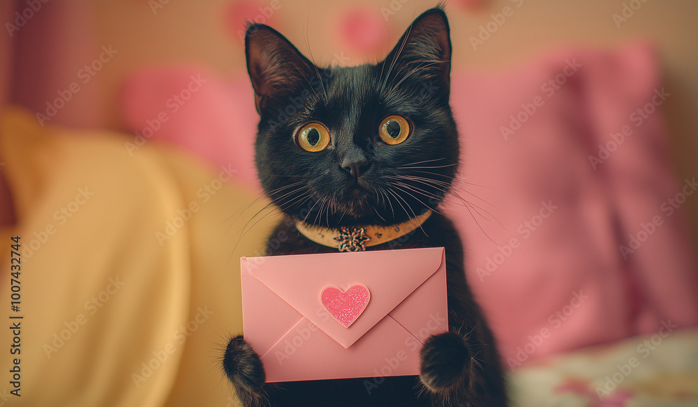 AI generator image of a cute black kitty holding an envelop with a pink ...