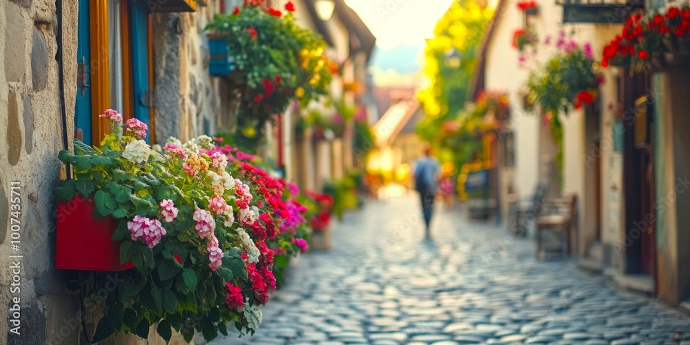 Charming cobblestone street with vibrant flowers in window boxes. A ...