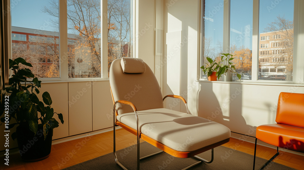 Cozy therapy room with a recliner and plants at a ketamine clinic Stock ...