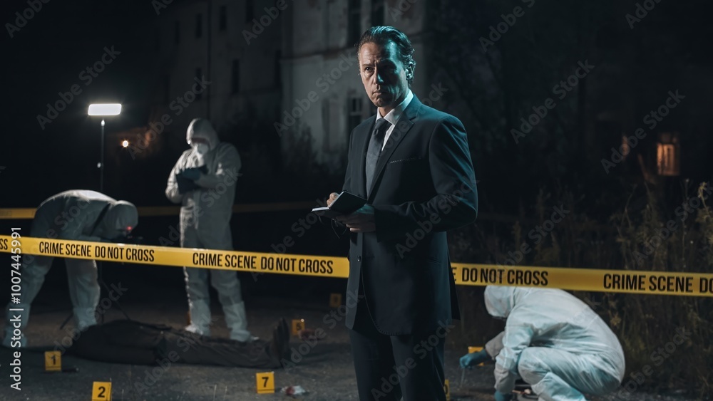 Detective inspecting area and taking notes in notebook at crime scene ...