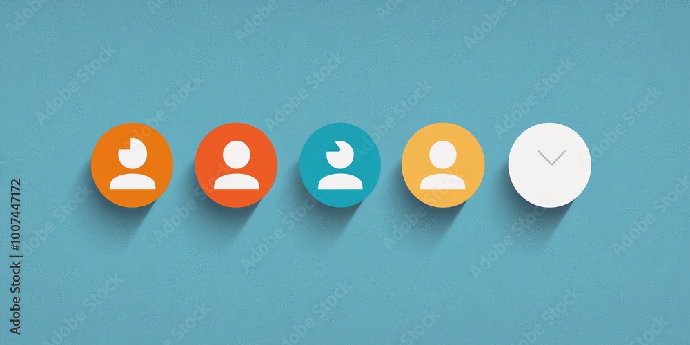 business icon, 5 circular shapes in yellow orange blue white on light ...