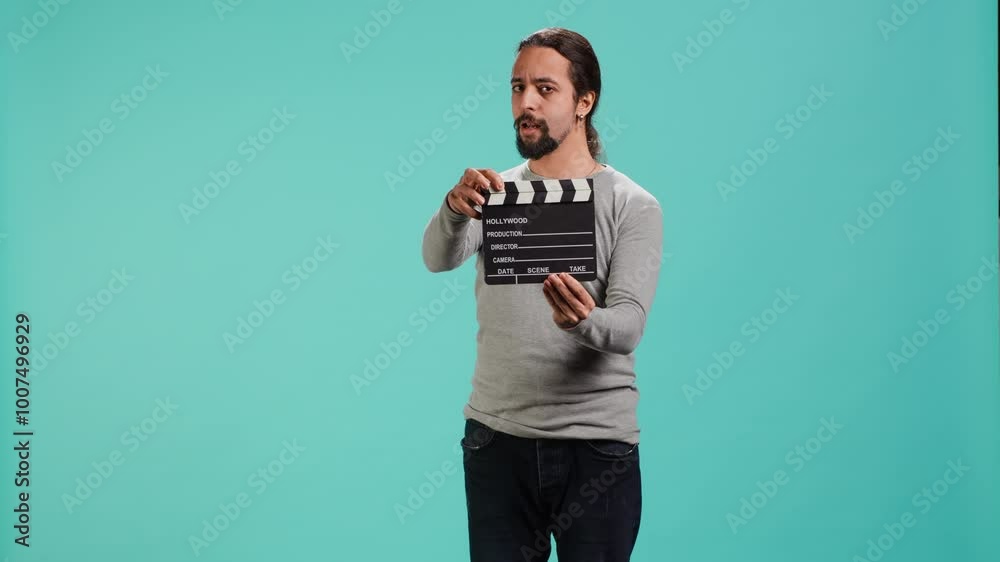 Movie director using clapper to signal actors beginning of scene ...