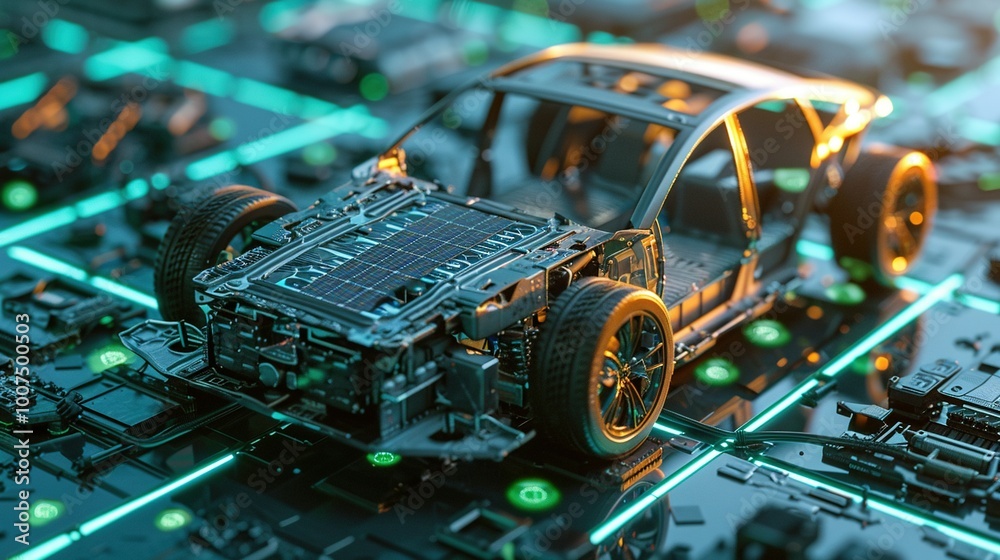 A Partially Assembled Electric Car Chassis with Visible Battery Cells ...