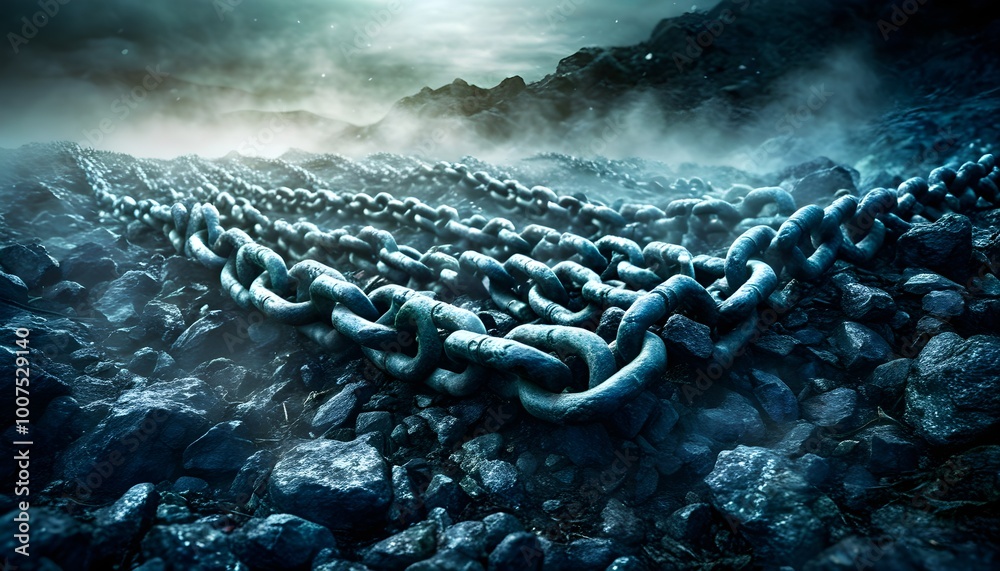 Mysterious landscape revealed by a weathered chain, shrouded in mist ...