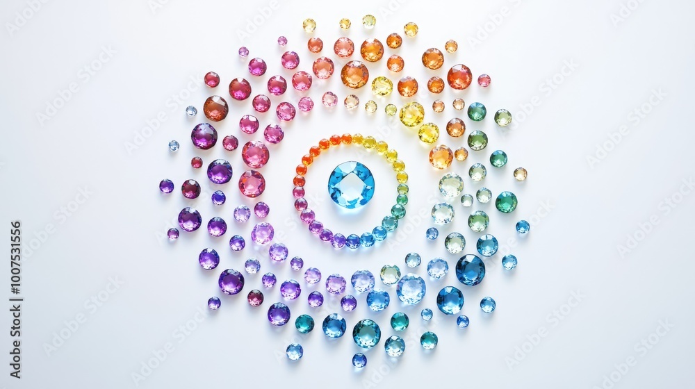 Vibrant gemstones in a range of colors forming a circular pattern on a ...