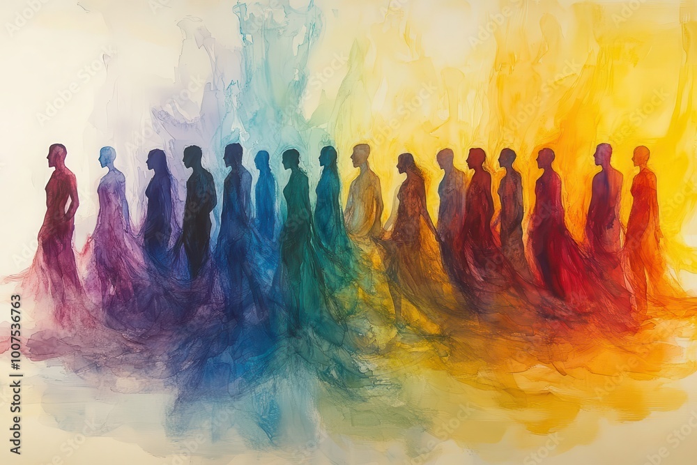 abstract representation of diverse human figures in vibrant watercolor ...