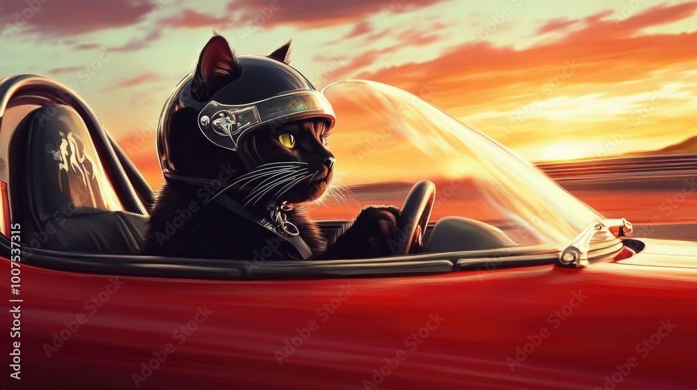 Black cat wears racing helmet and drives a red sports car against a ...