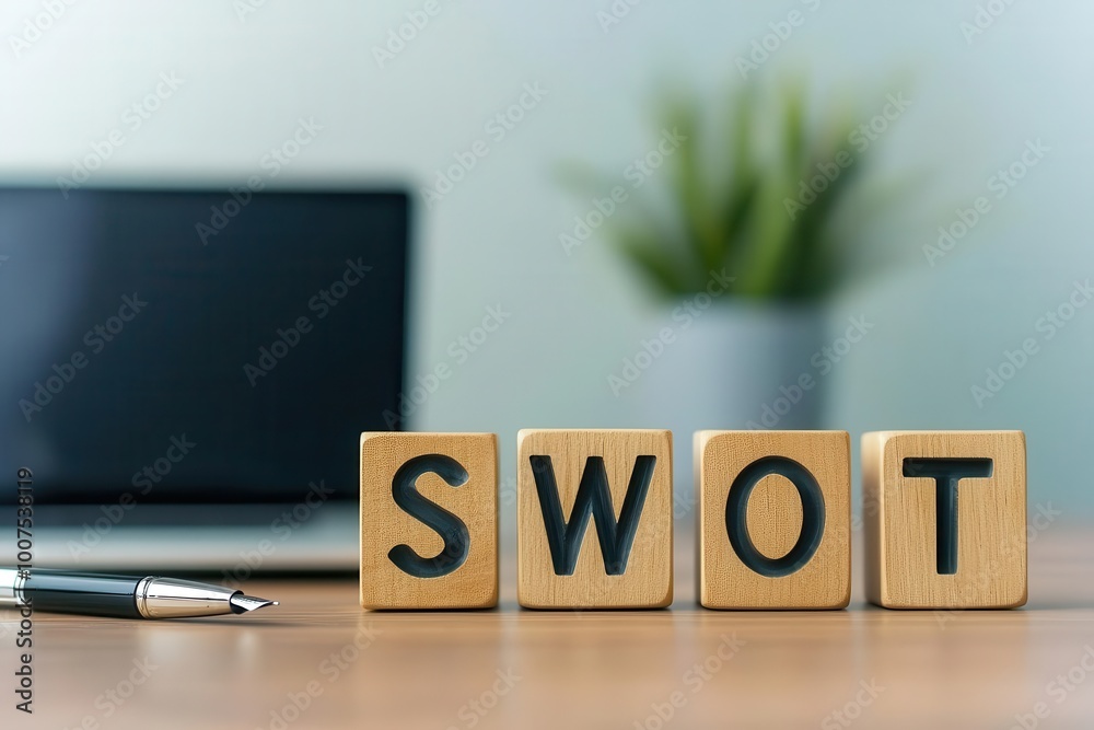 SWOT analysis wooden blocks on a desk with a laptop and plant in the ...