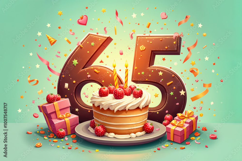 65th birthday card. Celebratory scene with the number 65 prominently ...