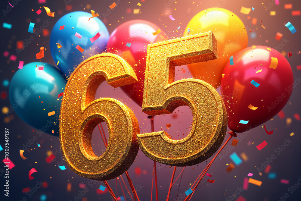 65th birthday card. Large, golden number 65 surrounded by colorful ...