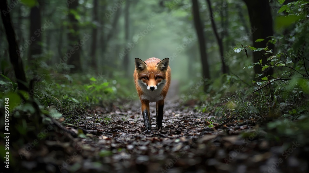 A robotic AI fox moving stealthily through a forest trail, its sensors ...