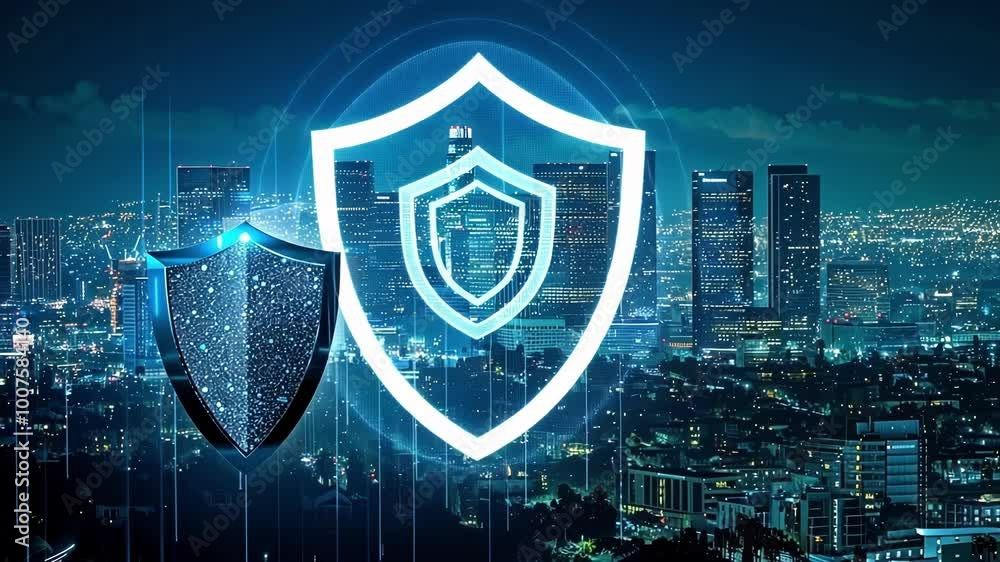 Digital shield is hovering over the los angeles skyline at night ...