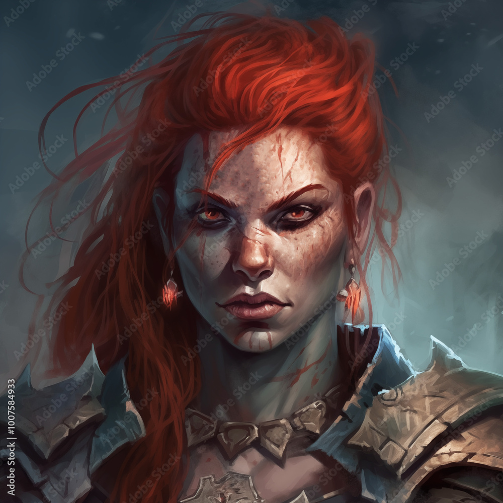 Portrait of a fiery female warrior with red eyes wearing armor from a ...