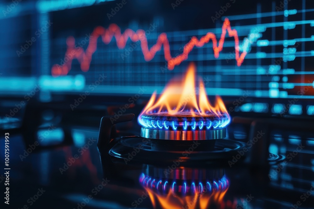 A gas stove with flames burning blue and orange, set against the ...