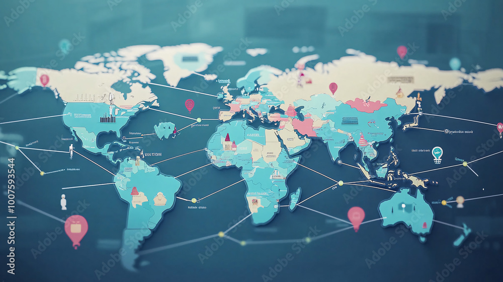 animated world map with connected lines, blue and beige tones, globe ...