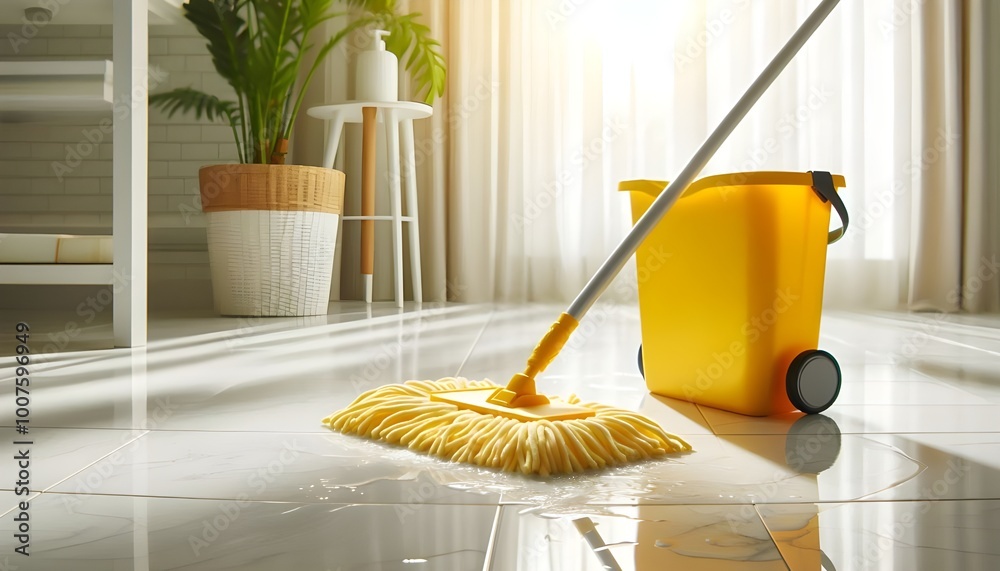 A bright yellow wet cleaning mop, mopping the white ceramic floor, Home ...